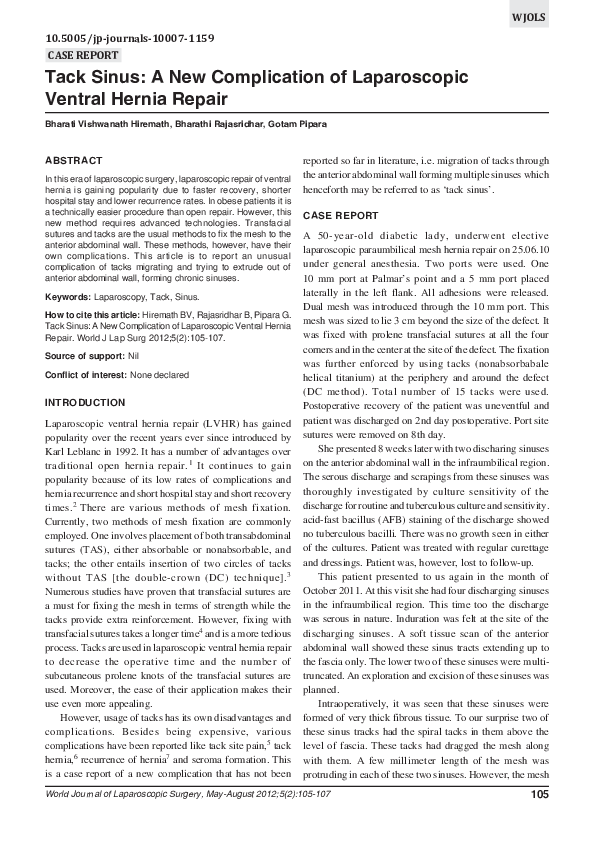 (PDF) Tack Sinus: A New Complication of Laparoscopic Ventral Hernia ...