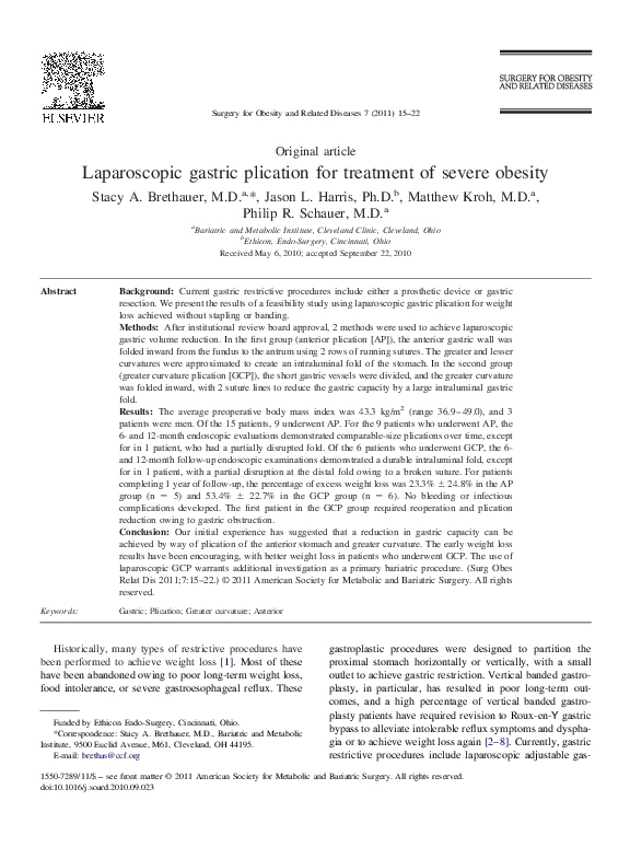 (PDF) Laparoscopic gastric plication for treatment of severe obesity