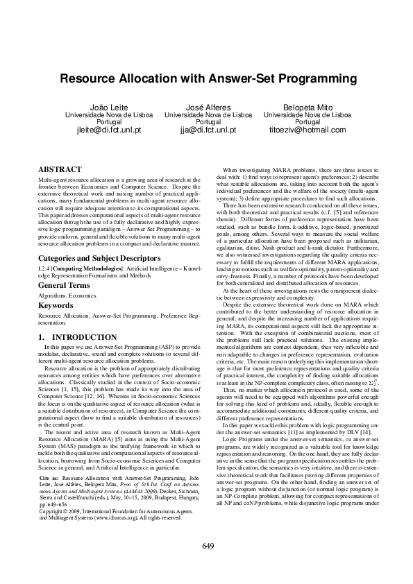 (PDF) Resource allocation with answer-set programming