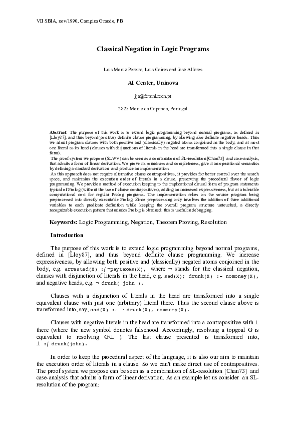 (PDF) Classical negation in logic programs