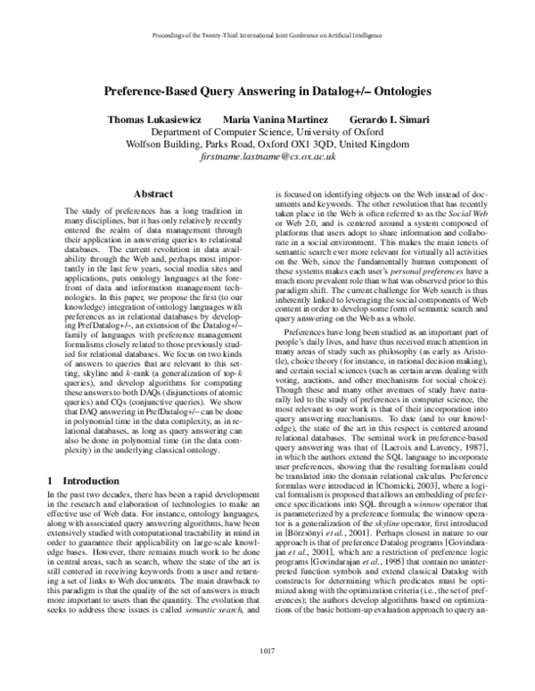 (PDF) Preference−Based Query Answering in Datalog+⁄− Ontologies | Vanina Martinez - Academia.edu