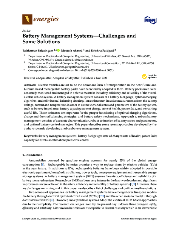 (PDF) Battery Management Systems—Challenges and Some Solutions