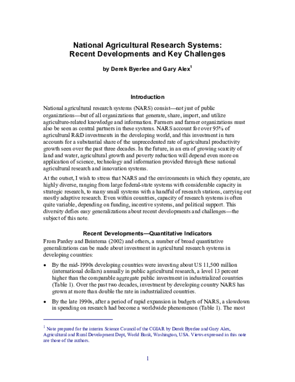 (PDF) National Agricultural Research Systems: Recent Developments and ...
