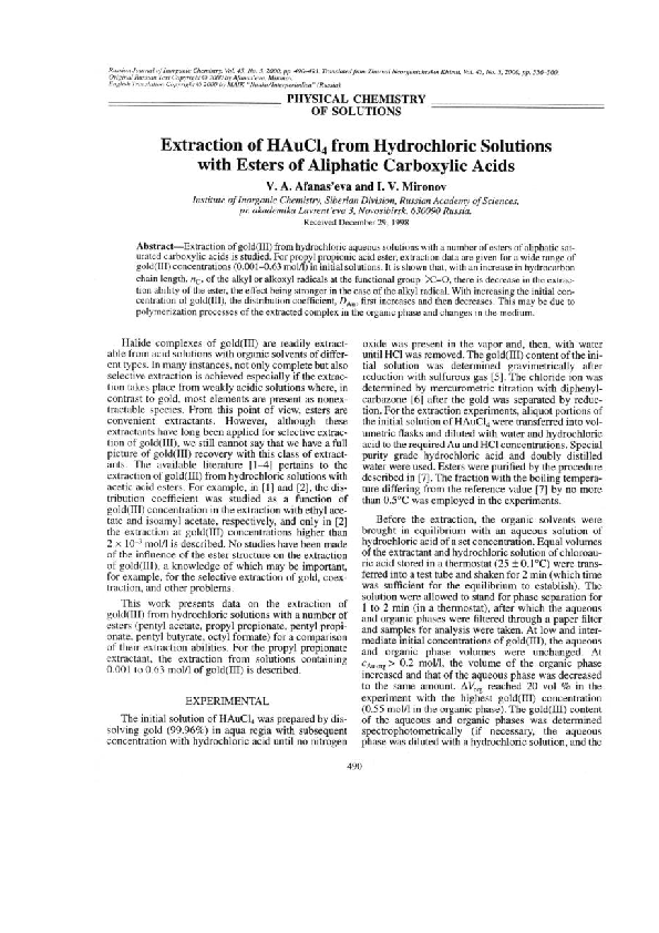(PDF) Extraction of HAuCl4 from hydrochloric solutions with esters of ...