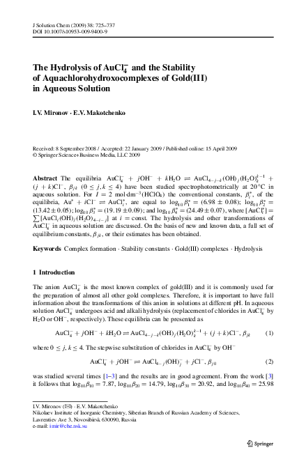 (PDF) The Hydrolysis of AuCl 4 − and the Stability of ...