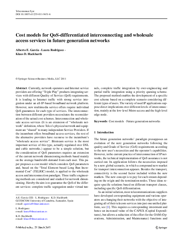 (PDF) Cost models for QoS-differentiated interconnecting and wholesale access services in future ...