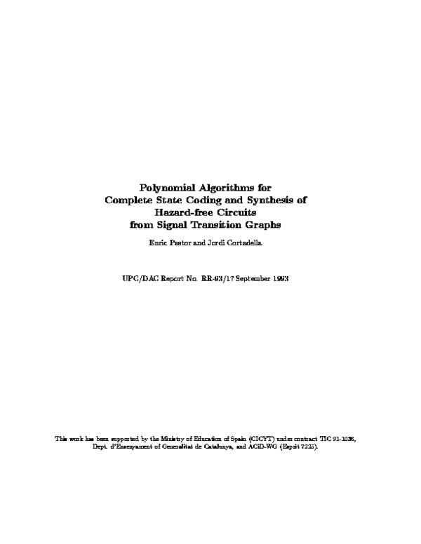 (PDF) Polynomial Algorithms for Complete State Coding and Synthesis of Hazard-free Circuits from ...
