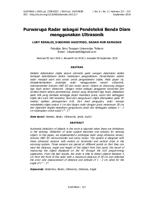 (PDF) Purwarupa Radar sebagai Pendeteksi Benda Diam menggunakan Ultrasonik
