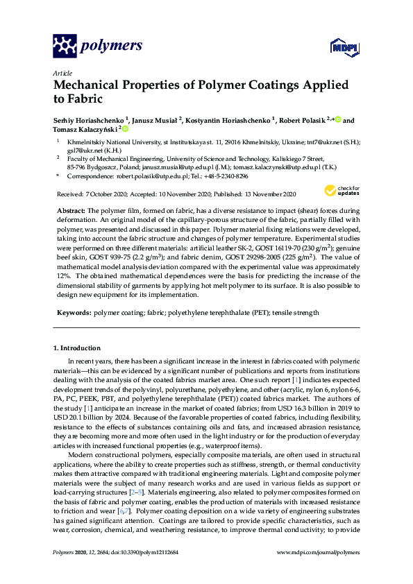 (PDF) Mechanical Properties of Polymer Coatings Applied to Fabric