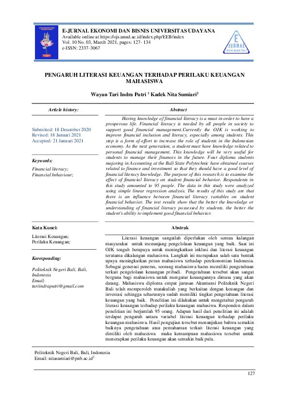 (PDF) Pengaruh Literasi Keuangan Terhadap Perilaku Keuangan Mahasiswa