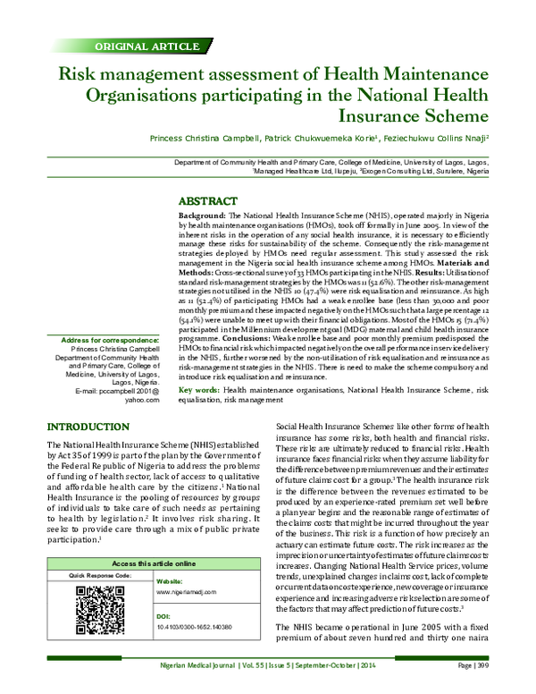 (PDF) Risk management assessment of Health Maintenance Organisations ...