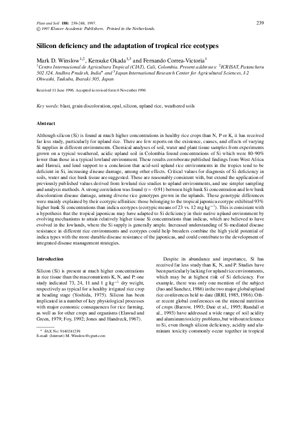 (PDF) Silicon deficiency and the adaptation of tropical rice ecotypes