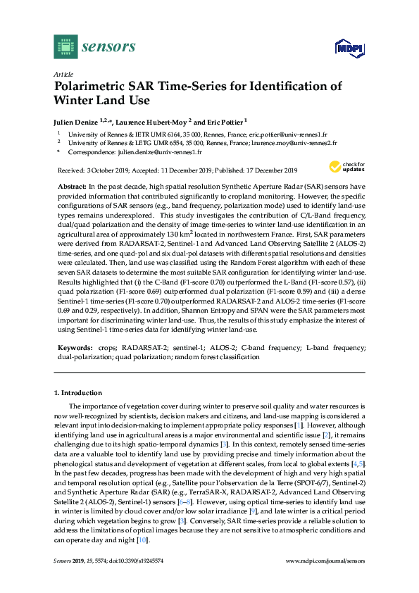 (PDF) Polarimetric SAR Time-Series for Identification of Winter Land Use | Laurence Hubert-Moy ...