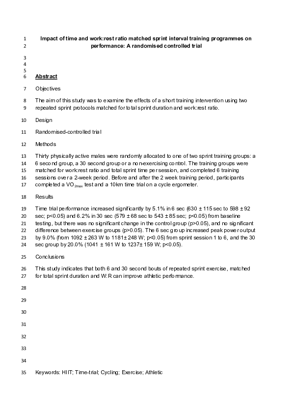 (PDF) Impact of time and work:rest ratio matched sprint interval training programmes on ...