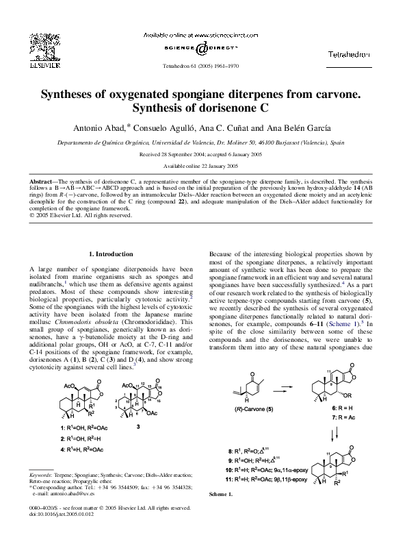 (PDF) Syntheses of oxygenated spongiane diterpenes from carvone ...