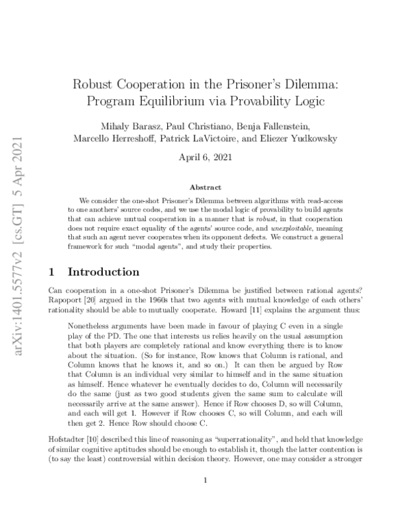 (PDF) Robust Cooperation in the Prisoner's Dilemma: Program Equilibrium ...