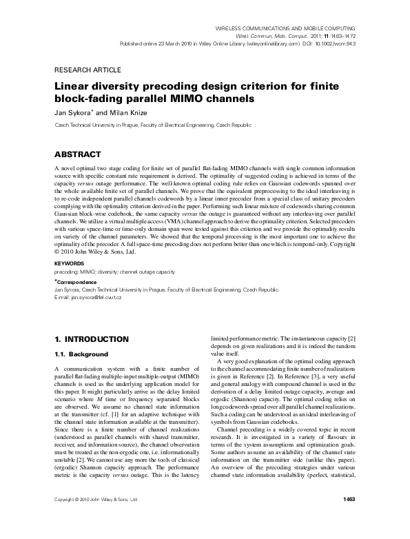 (PDF) Linear diversity precoding design criterion for finite block-fading parallel MIMO channels
