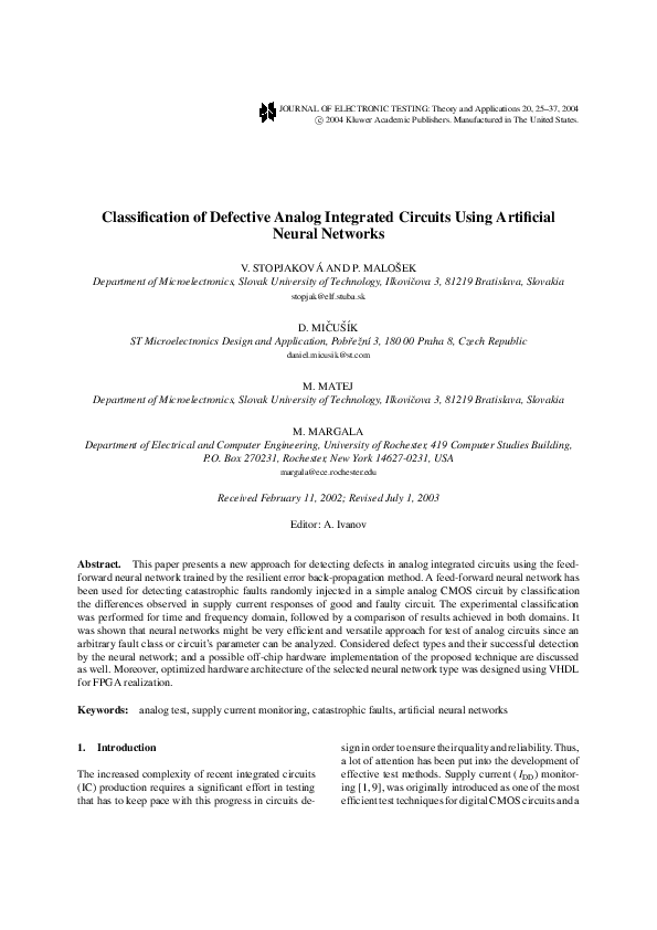 Pdf Classification Of Defective Analog Integrated Circuits Using