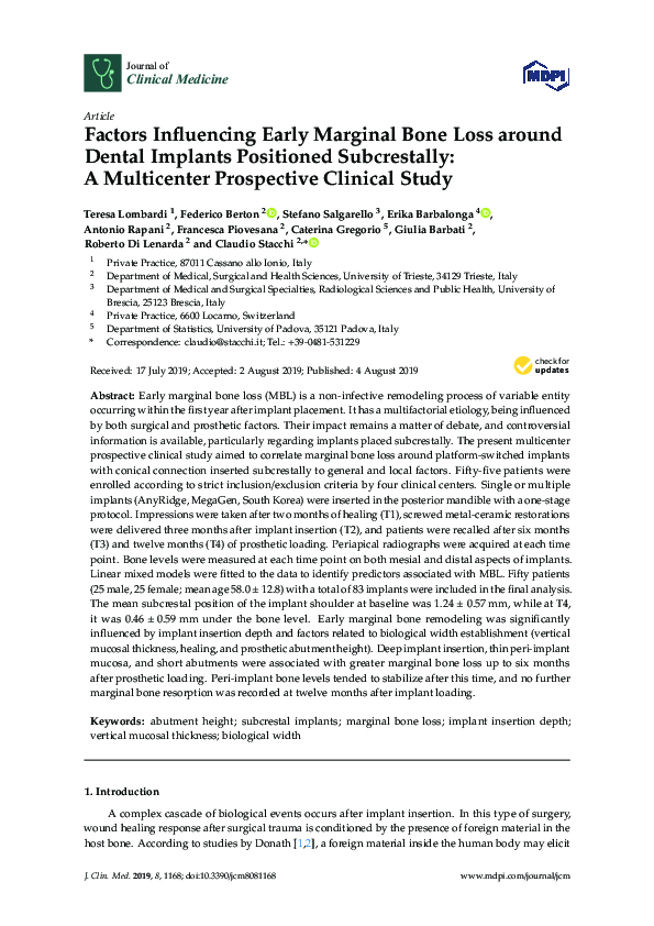 (PDF) Factors Influencing Early Marginal Bone Loss around Dental ...