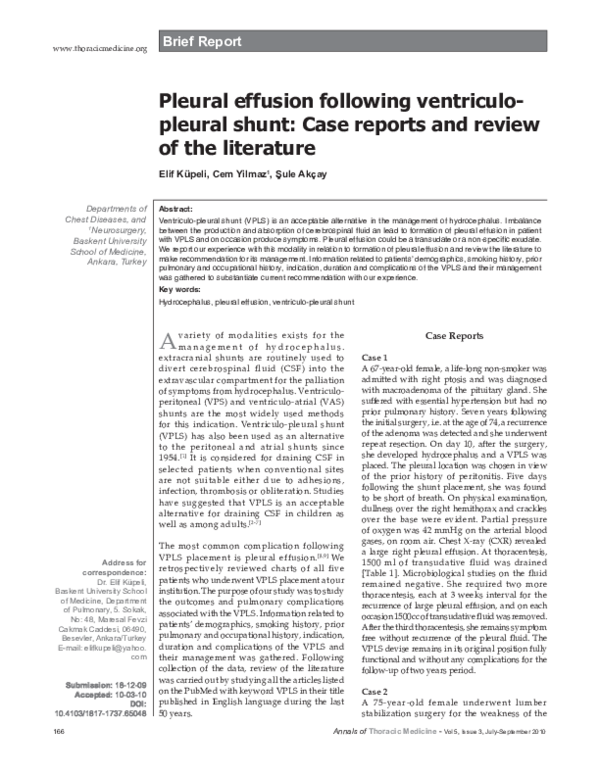 (PDF) Pleural effusion following ventriculo-pleural shunt: Case reports ...