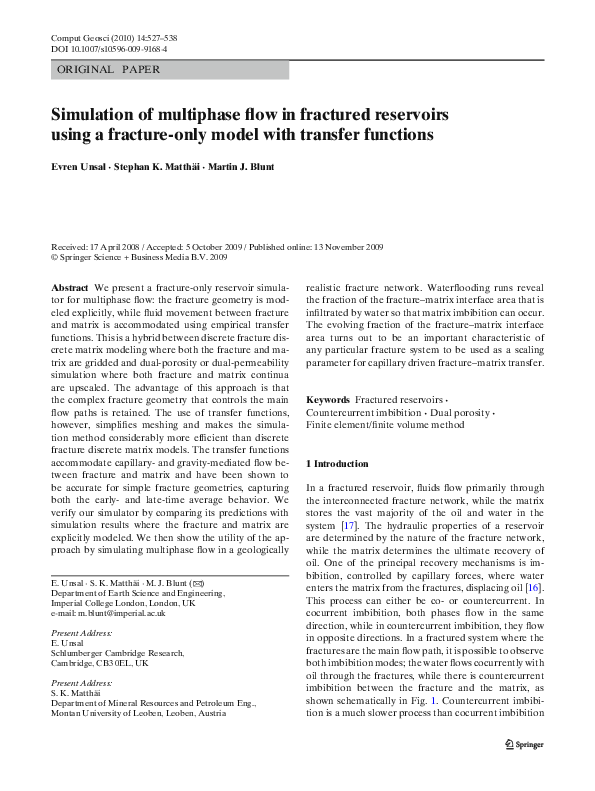 Pdf Simulation Of Multiphase Flow In Fractured Reservoirs Using A Fracture Only Model With