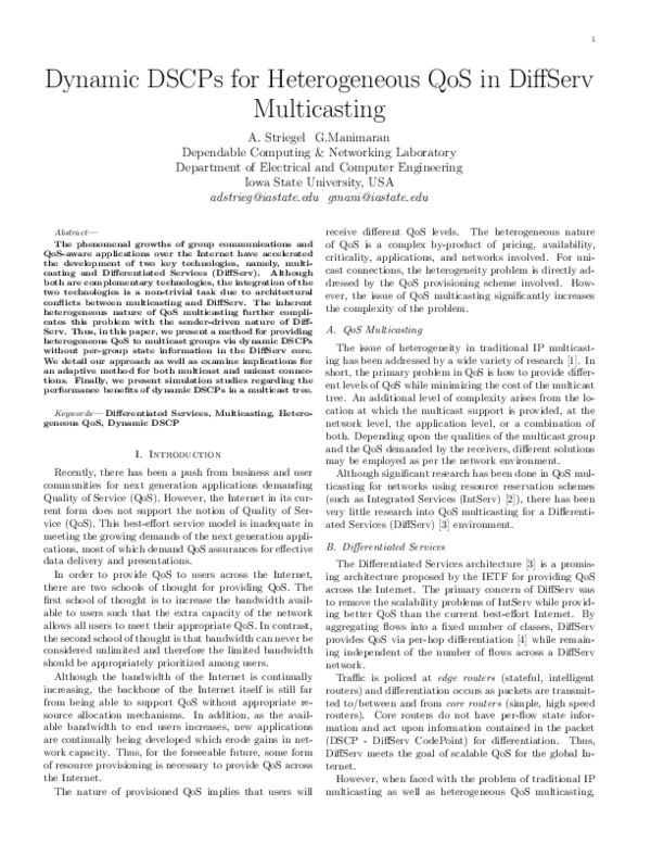 Pdf Dynamic Dscps For Heterogeneous Qos In Diffserv Multicasting