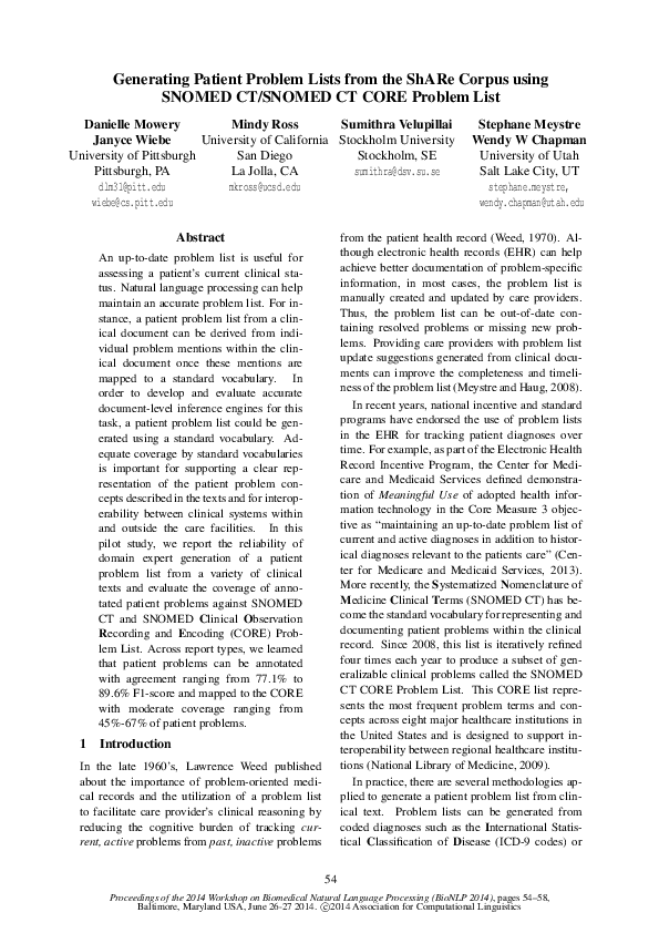 (PDF) Patient Problem List Generation from ShARe Corpus