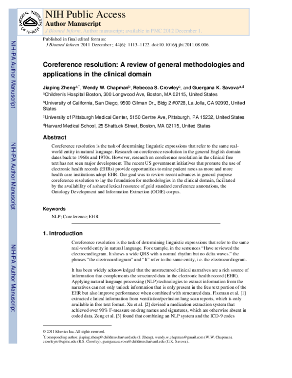 (PDF) Coreference resolution: A review of general methodologies and ...