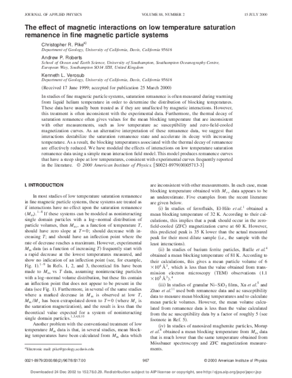(PDF) The effect of magnetic interactions on low temperature saturation remanence in fine ...