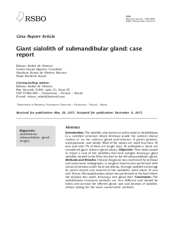 (PDF) Giant sialolith of submandibular gland: case report