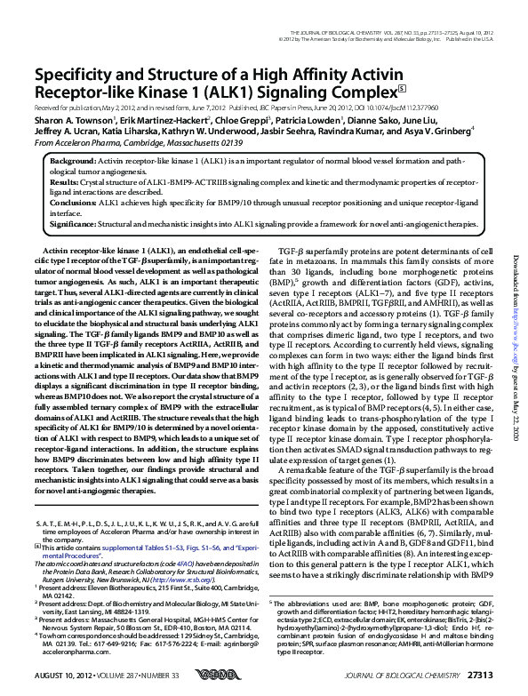 (PDF) Specificity and Structure of a High Affinity Activin Receptor ...