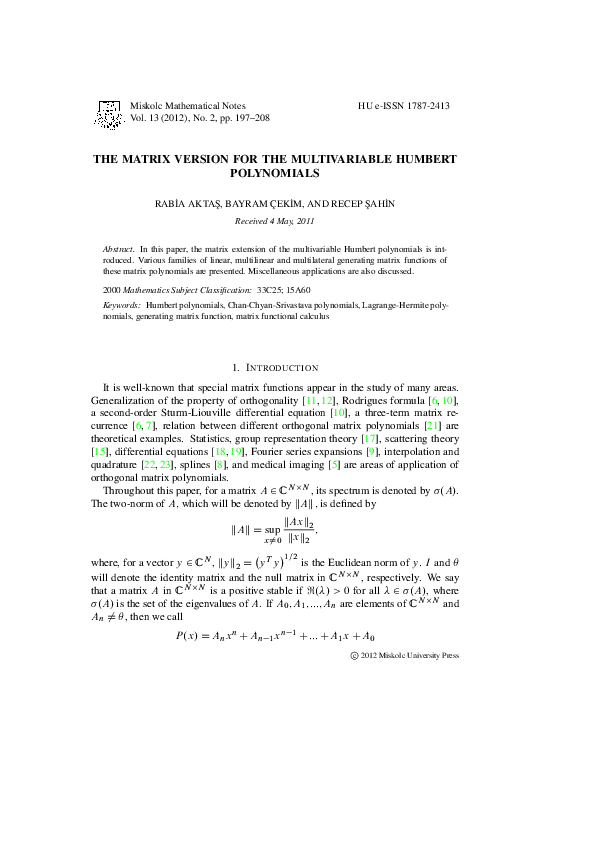 (PDF) The matrix version for the multivariable Humbert polynomials ...