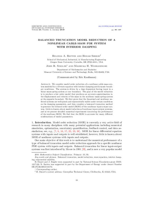 (PDF) Balanced truncation model reduction of a nonlinear cable-mass PDE system with interior damping
