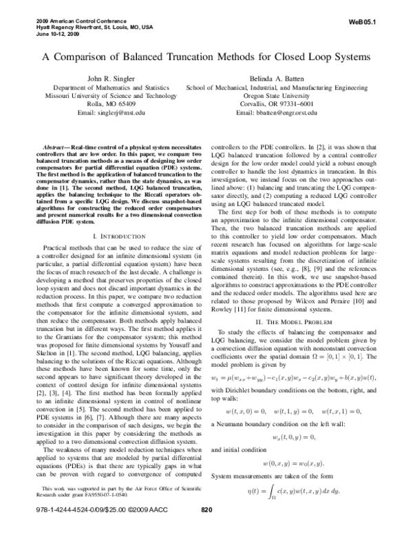 Pdf A Comparison Of Balanced Truncation Methods For Closed Loop Systems
