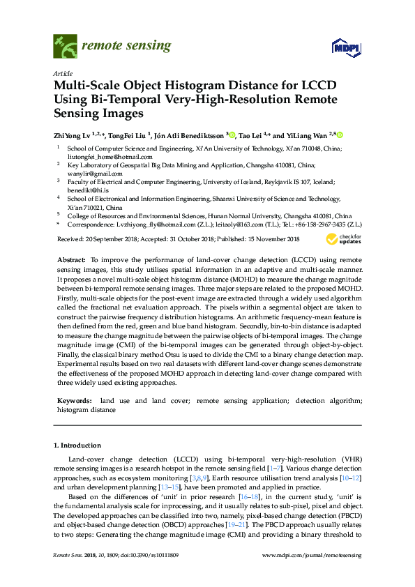 Pdf Multi Scale Object Histogram Distance For Lccd Using Bi Temporal Very High Resolution
