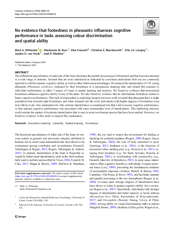 (PDF) No evidence that footedness in pheasants influences cognitive ...