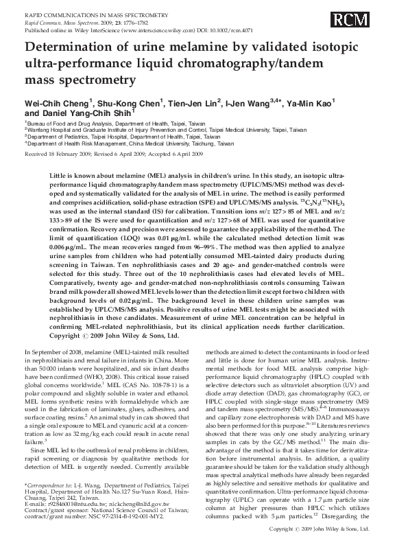 (PDF) Determination of urine melamine by validated isotopic ultra ...