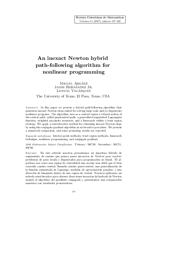 (PDF) An inexact Newton hybrid path-following algorithm for nonlinear programming