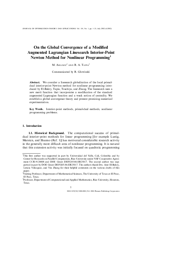 (PDF) On the Global Convergence of a Modified Augmented Lagrangian Linesearch Interior-Point ...