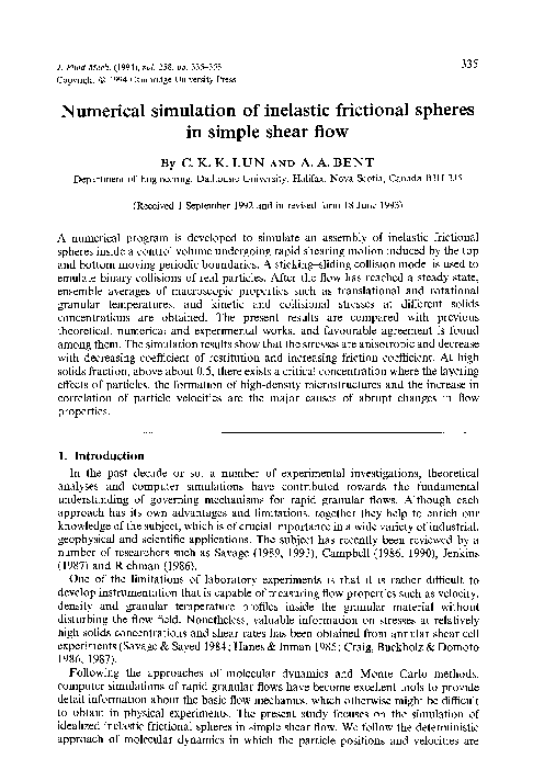 (PDF) Numerical simulation of inelastic frictional spheres in simple shear flow