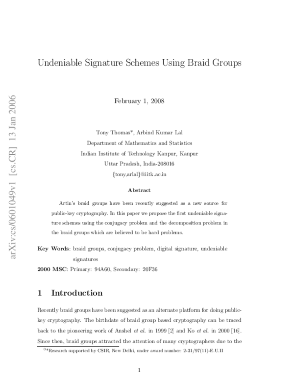 (PDF) Undeniable signature schemes using braid groups