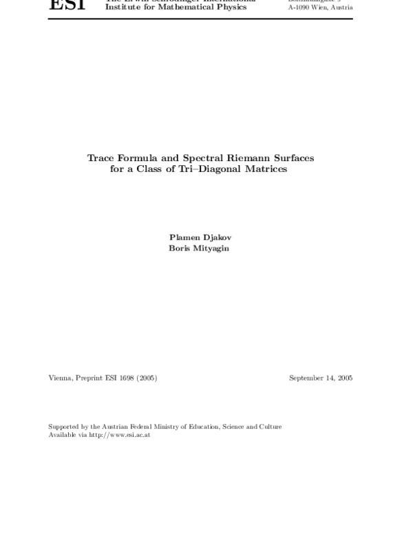 (PDF) Trace formula and Spectral Riemann Surfaces for a class of tri-diagonal matrices