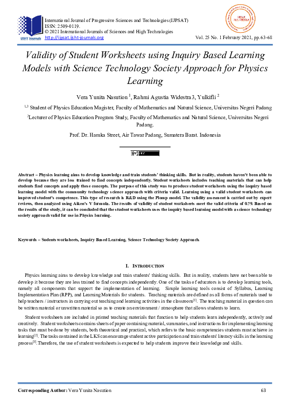 (PDF) Validity of Student Worksheets using Inquiry Based Learning ...
