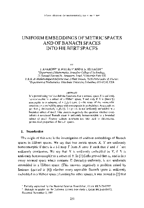 (PDF) Embedding Metric and Banach Spaces in Hilbert