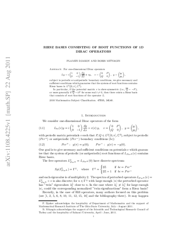 (PDF) Riesz bases consisting of root functions of 1D Dirac operators