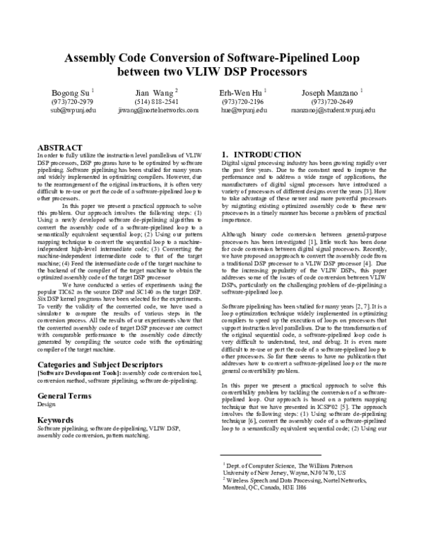 Pdf Assembly Code Conversion Of Software Pipelined Loop Between Two Vliw Dsp Processors