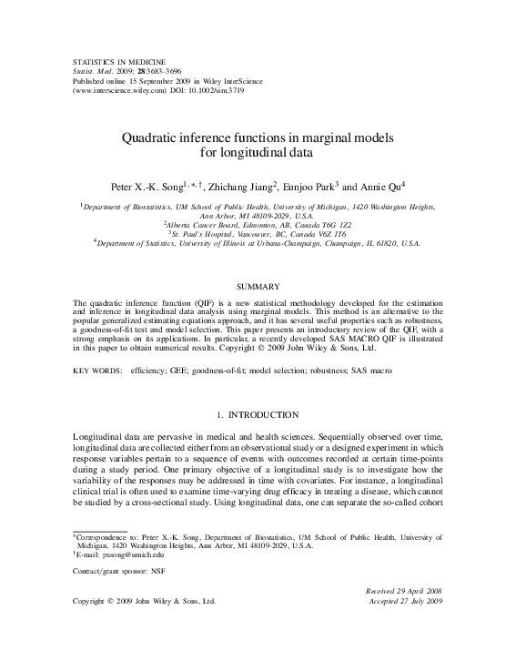 Pdf Quadratic Inference Functions In Marginal Models For Longitudinal Data 