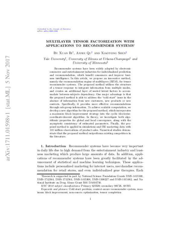 (PDF) Multilayer tensor factorization with applications to recommender systems