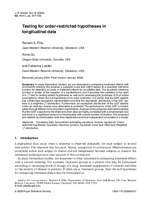 Pdf Testing For Order Restricted Hypotheses In Longitudinal Data Annie Qu