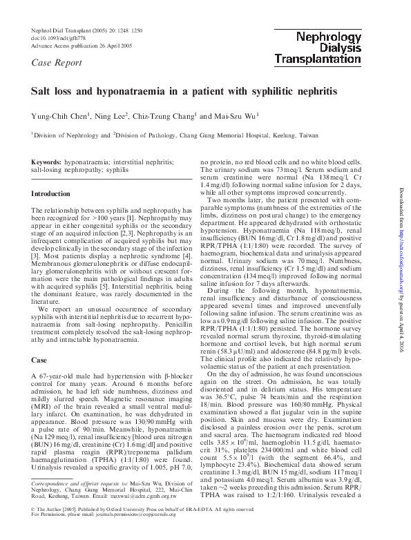 (PDF) Salt loss and hyponatraemia in a patient with syphilitic nephritis